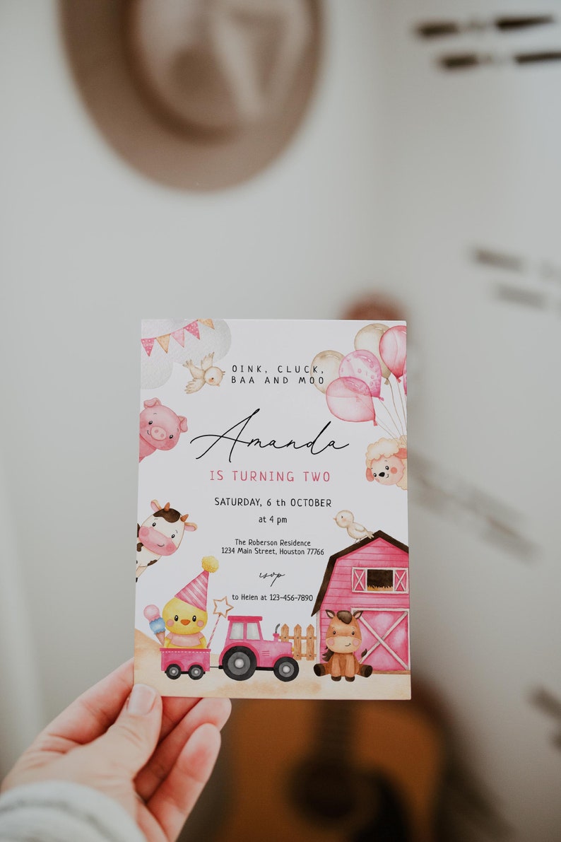 Farm First Birthday Girl Invitation Template, Farm Animal Invitation ...