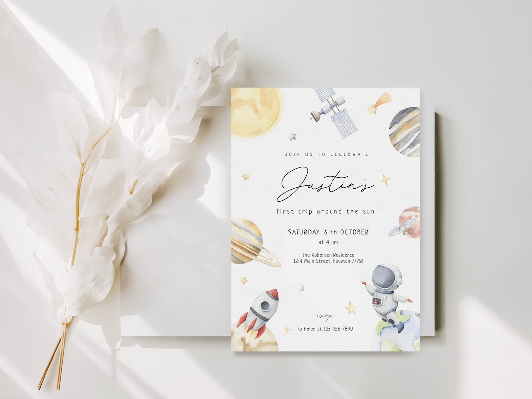 First Trip Around the Sun Birthday Invitation, Astronaut Birthday Invitation, Space 1st Birthday ...