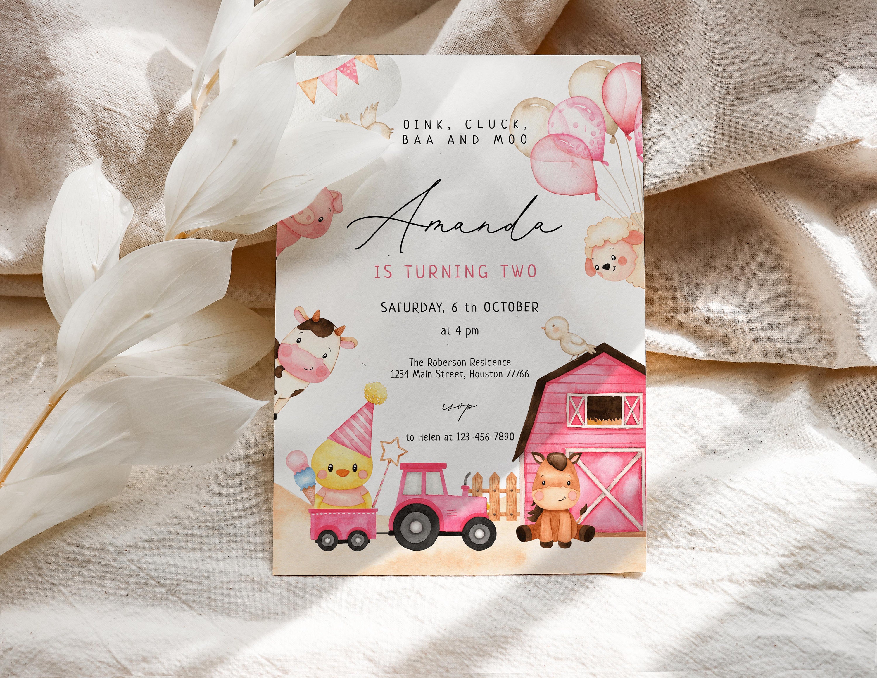 Farm First Birthday Girl Invitation Template, Farm Animal Invitation ...