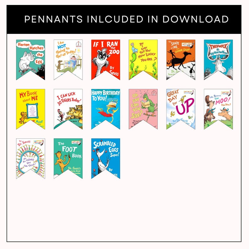 Dr. Seuss Book Cover Pennant Banner – Printable Party Décor (45 Designs ...