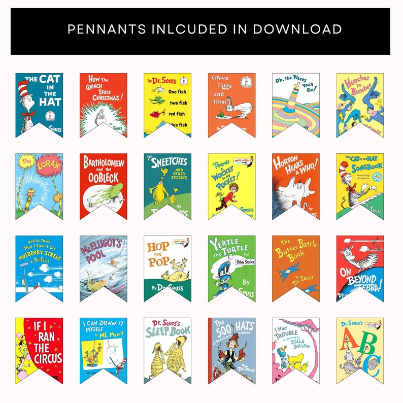 Dr. Seuss Book Cover Pennant Banner – Printable Party Décor (45 Designs ...
