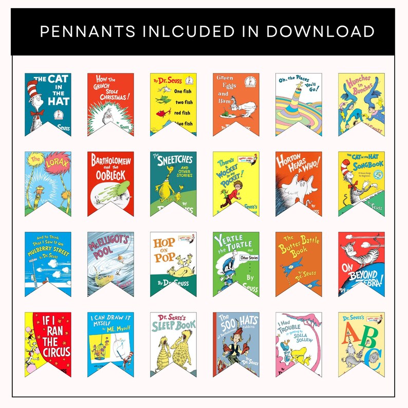 Dr. Seuss Book Cover Pennant Banner – Printable Party Décor (45 Designs ...