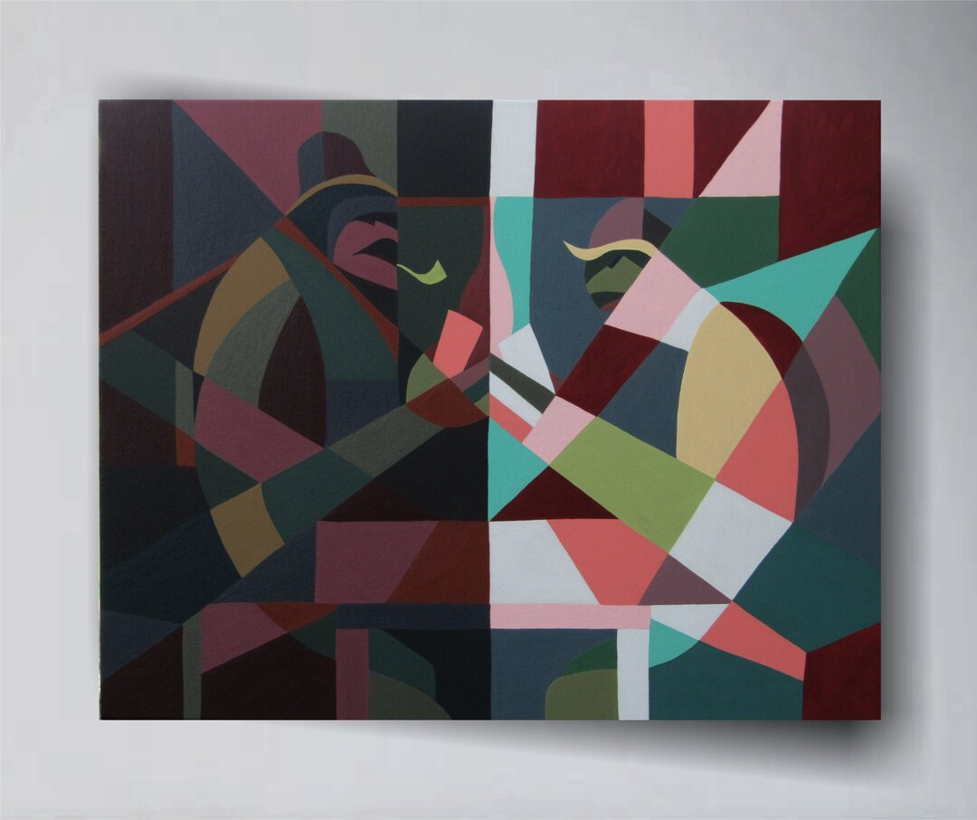 Wall Art Canvas, Cubist Original Painting, Card Players, Geometric Art ...