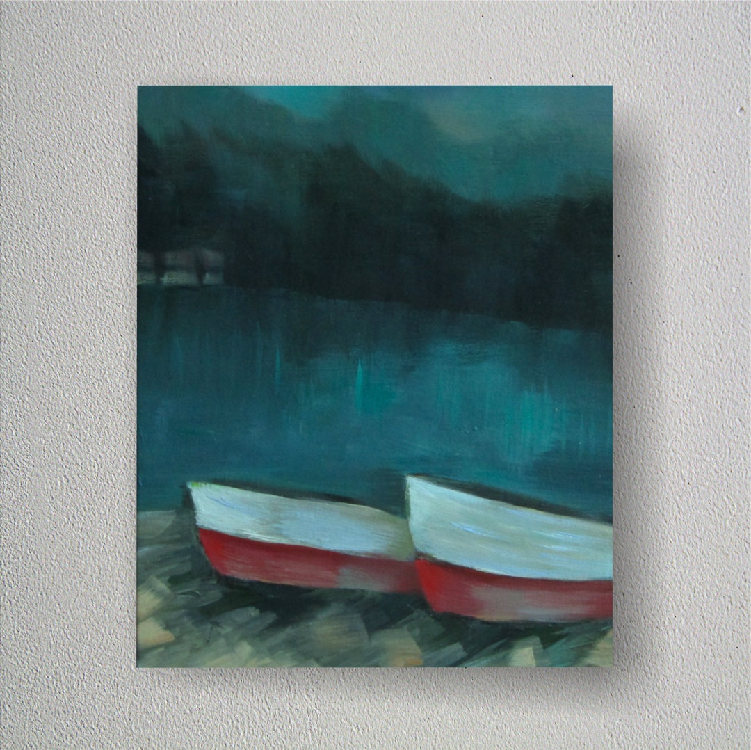 Red and White Canoe Oil Painting on Canvas Panel, Original Art frame ...