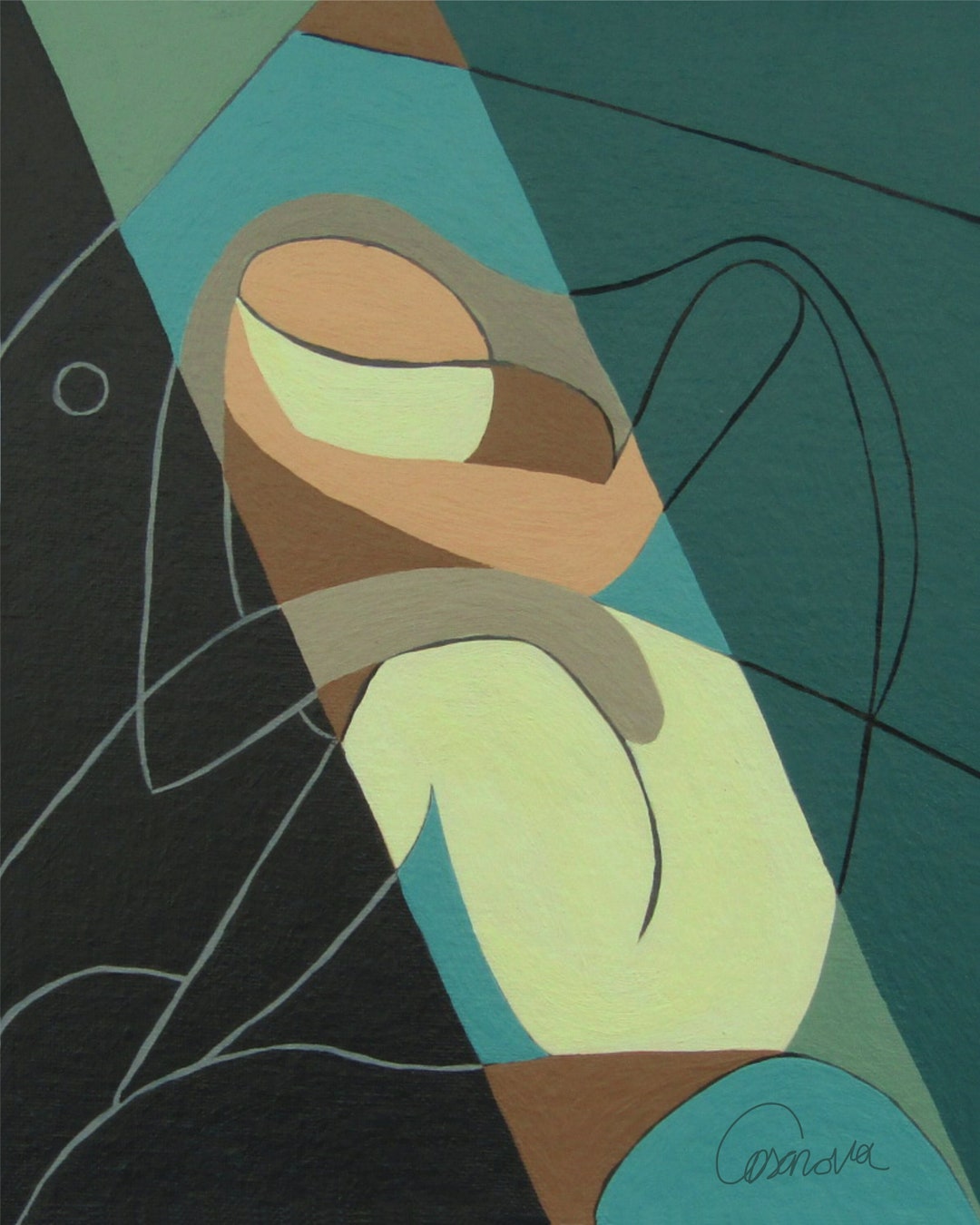 Abstract Cubism Original Painting, Acrylic on Canvas Board (frame is ...