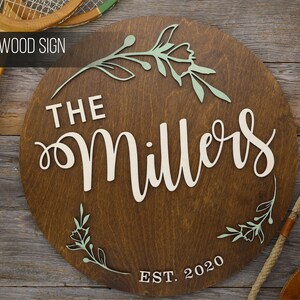Round Family Last Name Sign With Raised Botanical Frame and Raised ...
