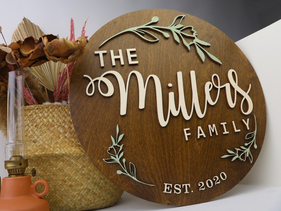 Round Family Last Name Sign With Raised Botanical Frame and Raised ...