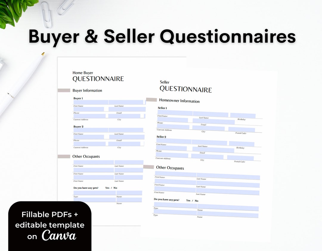Real Estate Buyer & Seller Questionnaire, Canva Template (digital ...
