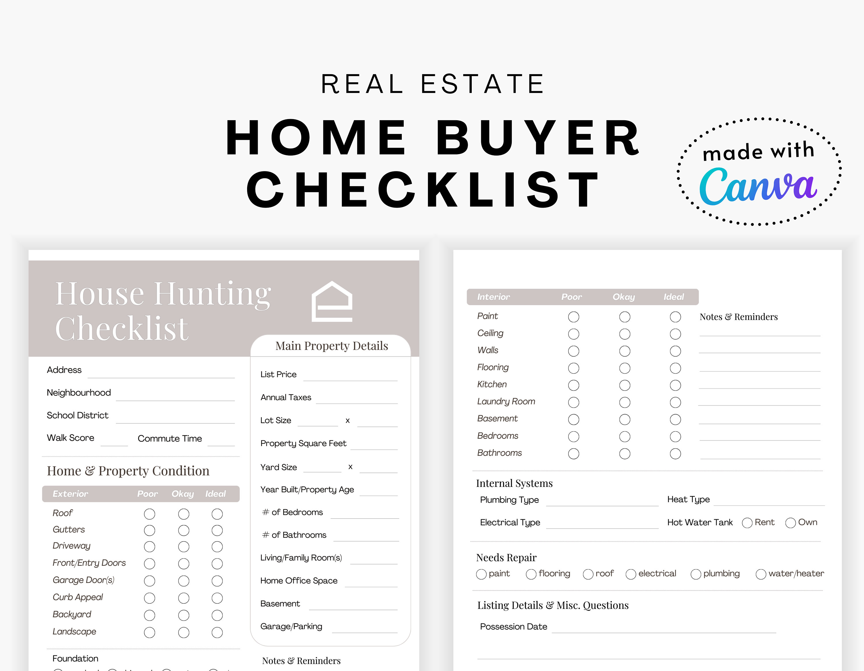Neutral Home Buyer Checklist Canva Printable Template, Aesthetic Survey ...