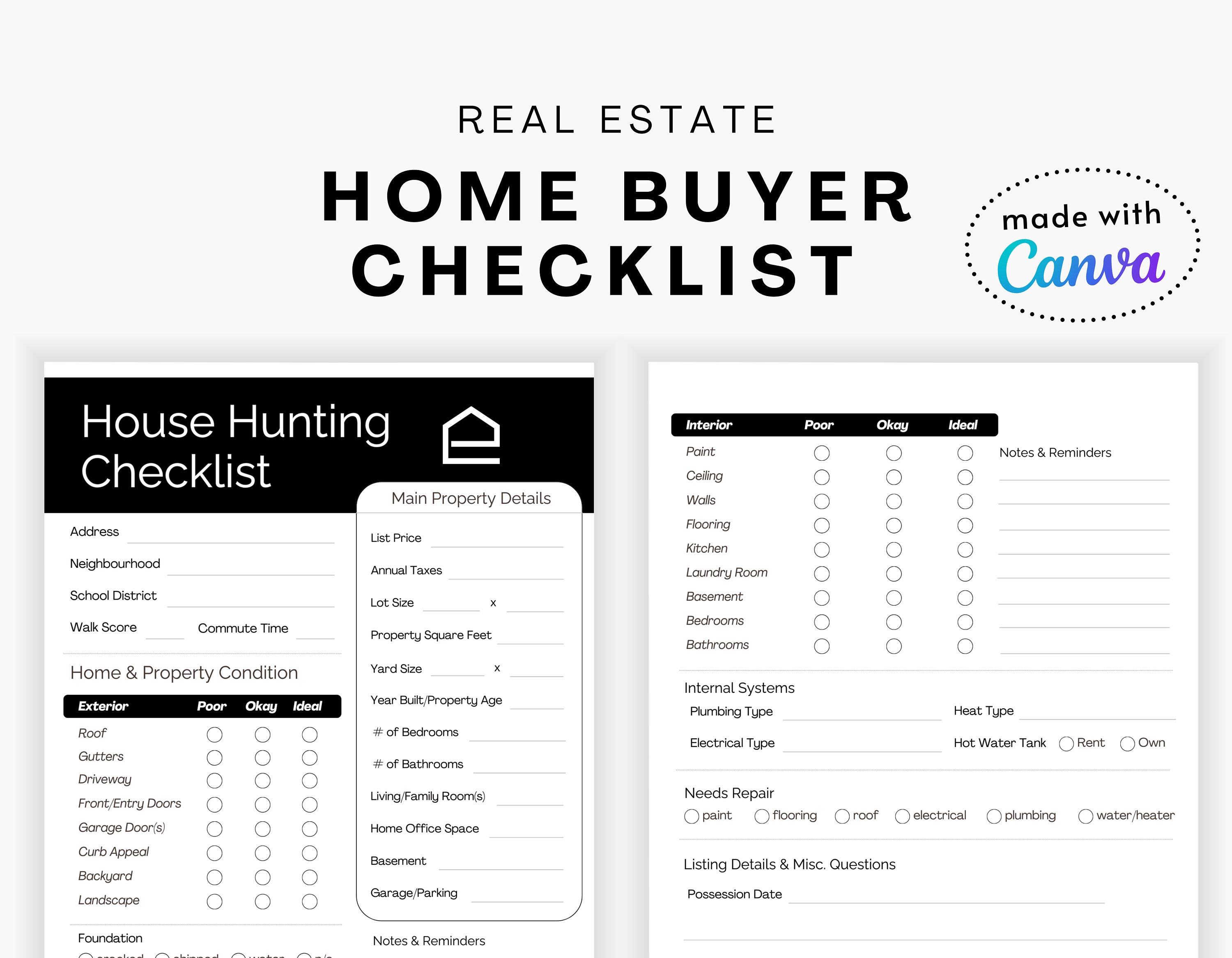 Home Buyer Checklist Canva Printable Template, Aesthetic Black White ...
