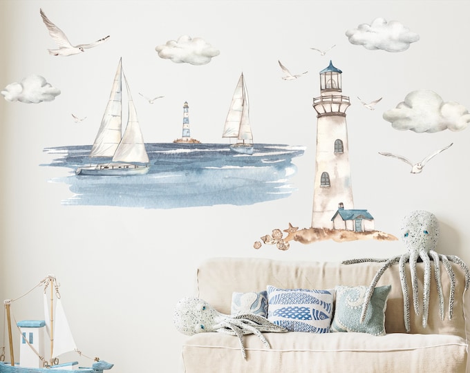 Sea Lighthouse Wall Decal - Boho Navy Wall Decal - Lighthouse Wall Art - Nursery Navy Prints ...