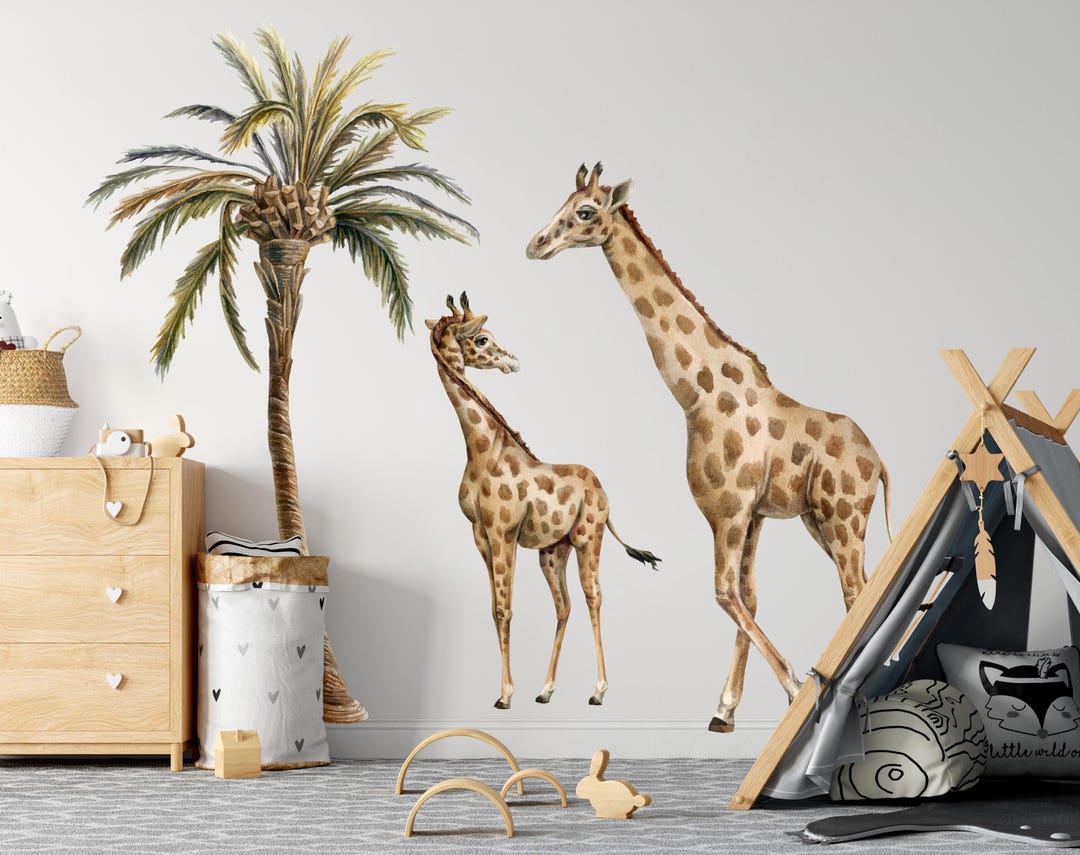 Giraffes Family Wall Sticker, Toddler Watercolor Room Decoration, Mom ...
