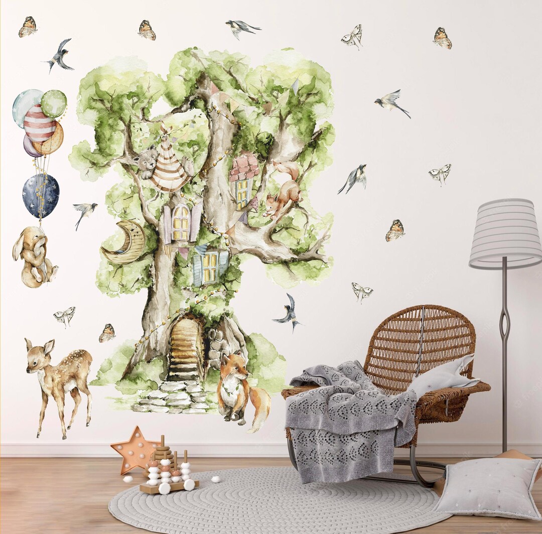 Fairy Tale Treehouse Wall Decal – Watercolor Tree House Sticker ...
