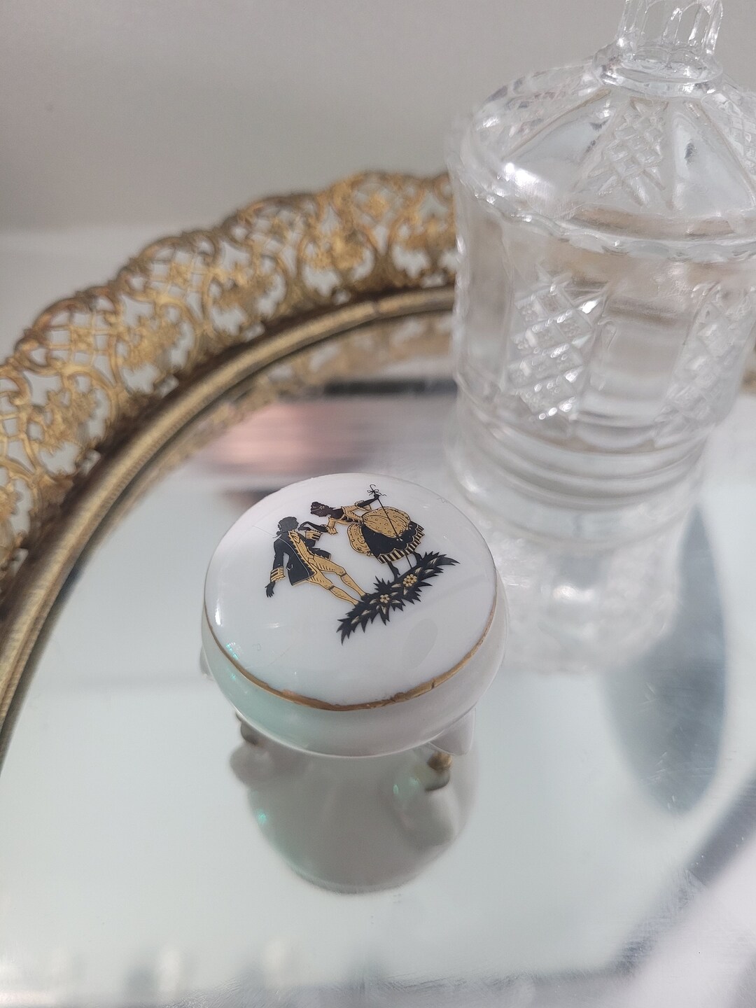 Vintage Limoges Style Black and Gold Courting Couple Scene Ring or ...