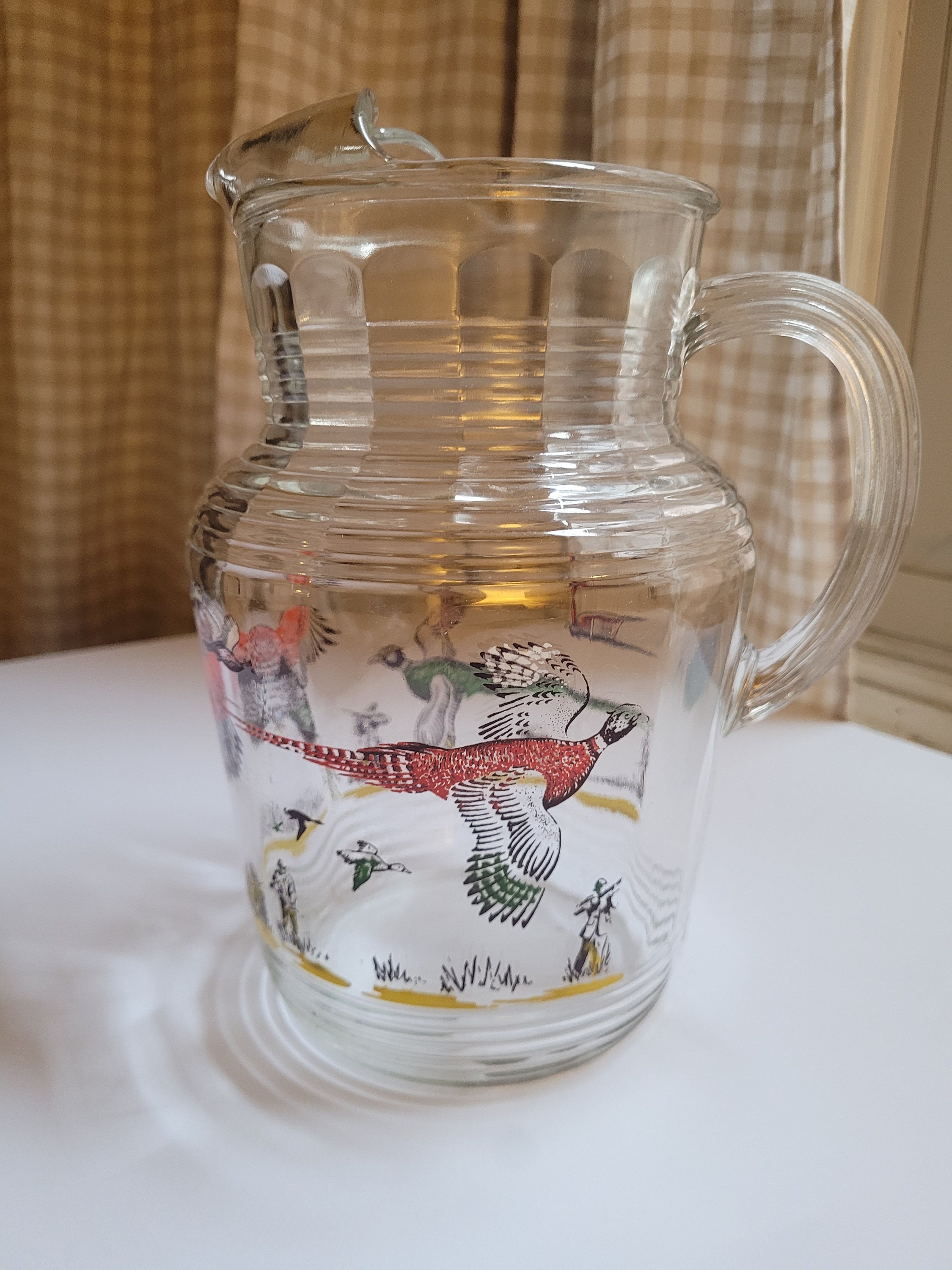 Vintage Pheasant And Hunters Glass Pitcher Made By Hazel Atlas Red Green Yellow Etsy