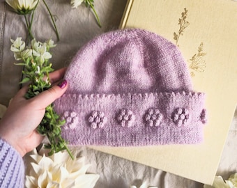 Feminine Hat Pattern With Girly Knit Bobble Flowers in Adult and ...