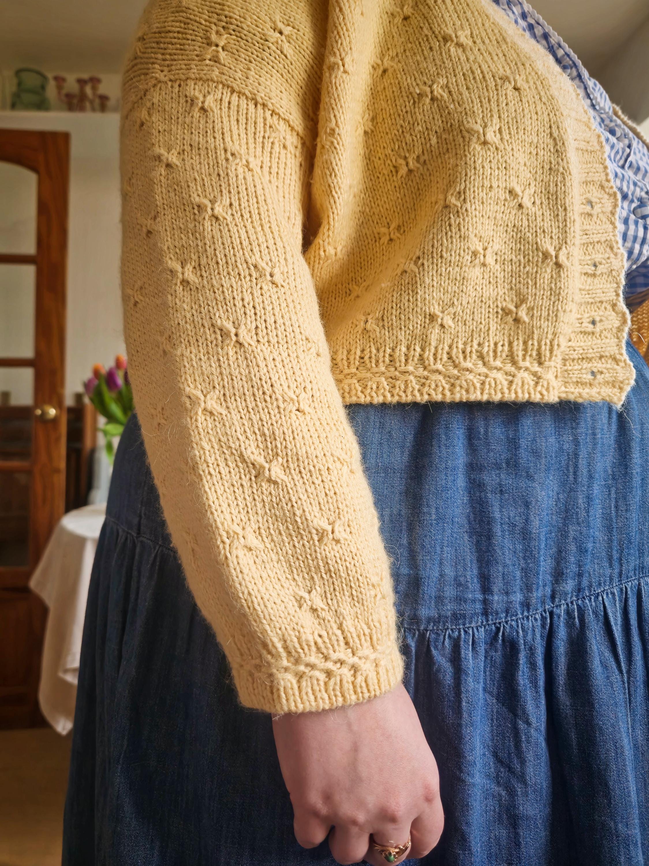 Top Down Drop Shoulder Cardigan With Cabled Flower Details and ...