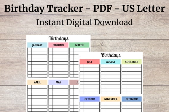 Printable Birthday Tracker Birthday Planner Birthday - Etsy