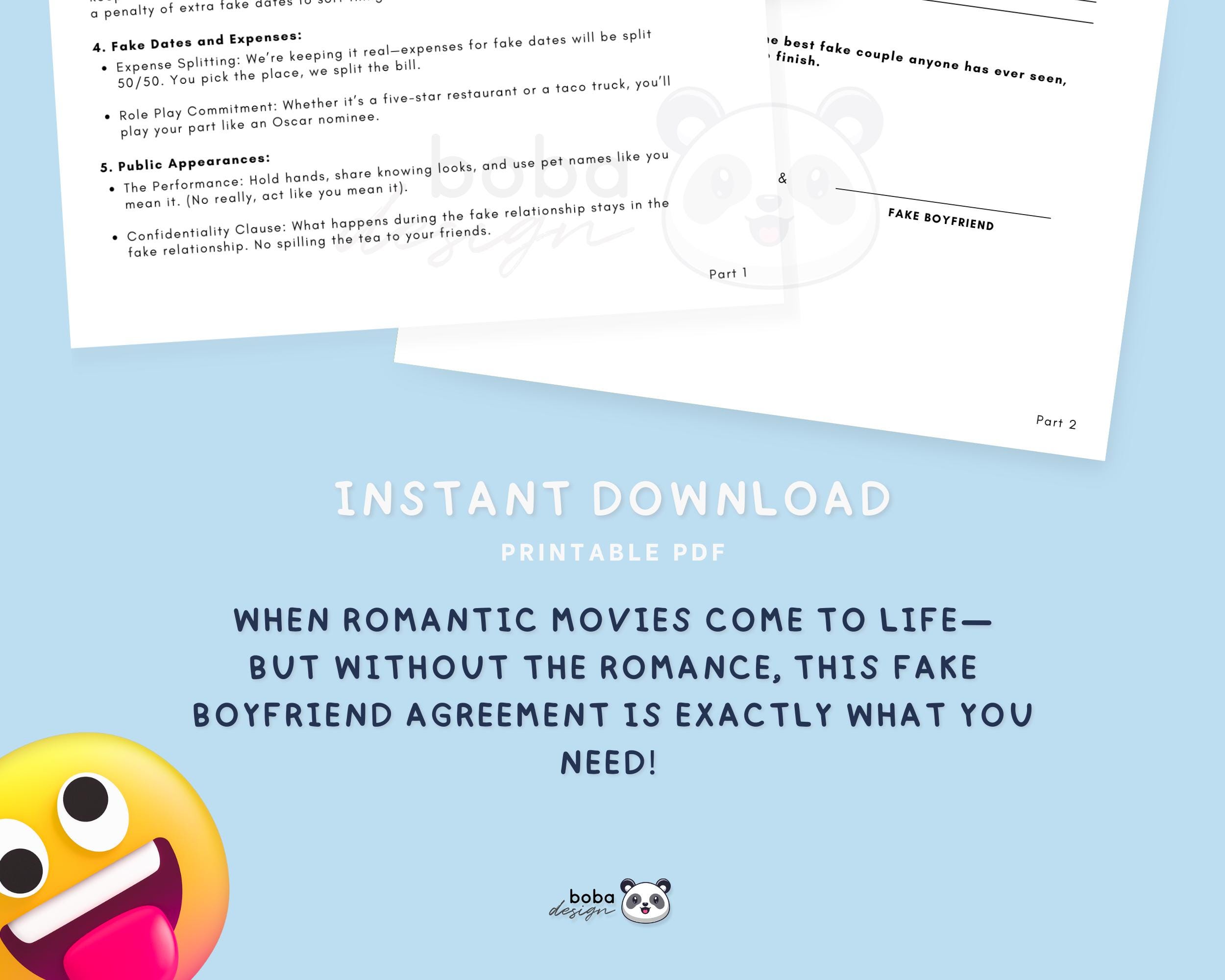 Funny Version of Fake Boyfriend Contract, Funny Printable Planner Funny ...