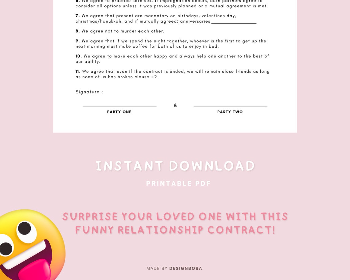 Relationship Contract Funny Printable Planner Funny Relation Contract