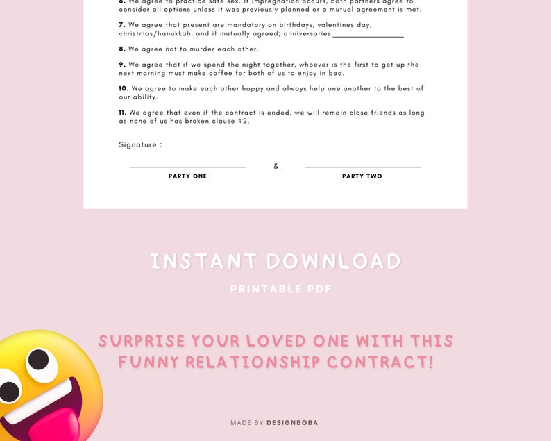 Relationship Contract - Funny Printable Planner, Funny Relation ...