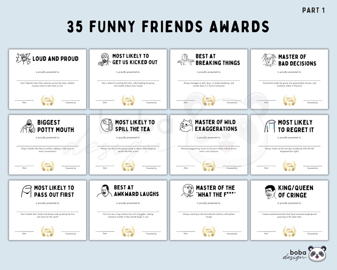 Printable Funny Friends Awards Appreciation Fun Gifts for Friends ...