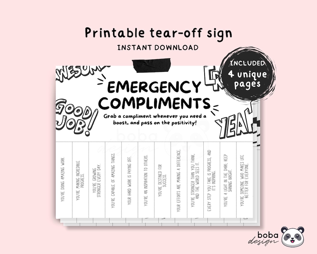 4 Printable Emergency Compliments Tear off Cheer up Gift Funny Break ...