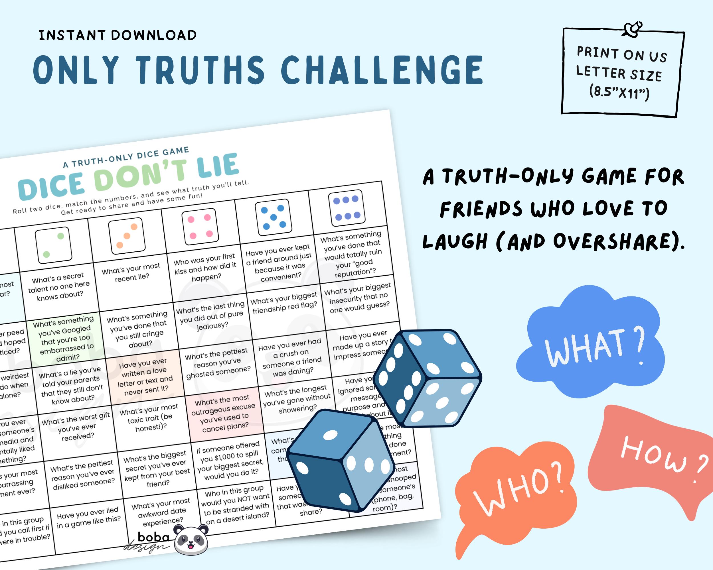 Printable Fun Truths Dice Game Friends Game Night Party Game Table Hen ...