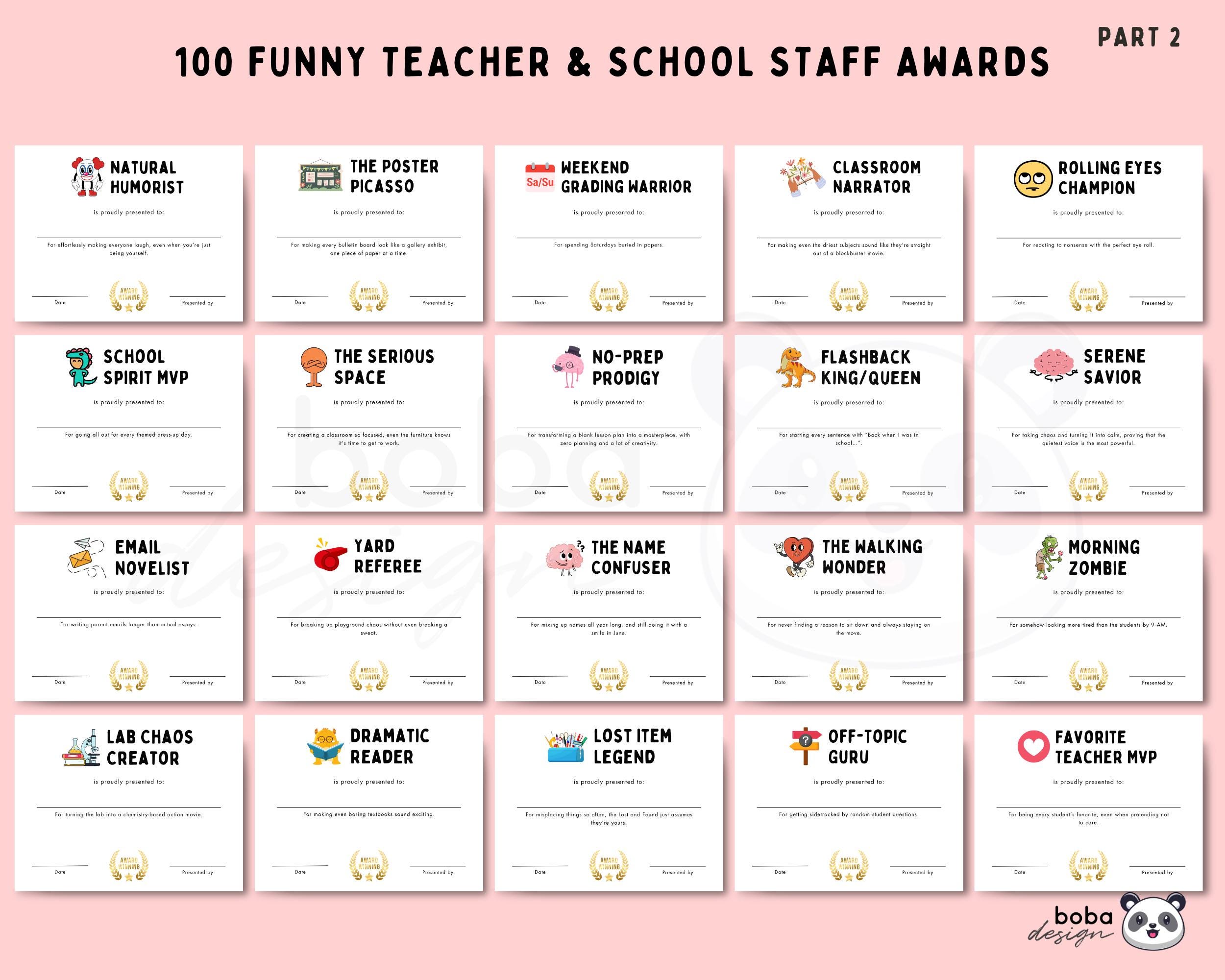 Printable Funny Teacher Awards Teacher and School Staff Appreciation ...