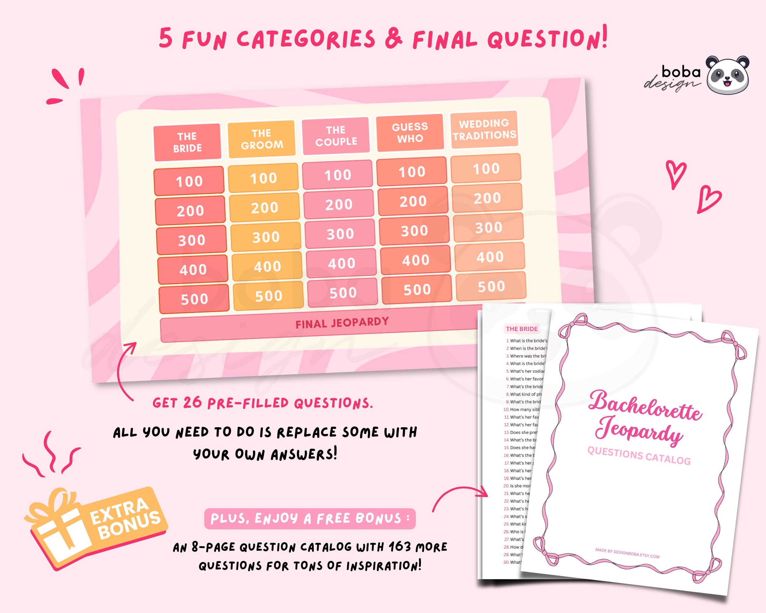 Bridal Bachelorette Jeopardy Template Canva Trivia Editable Game Pink ...