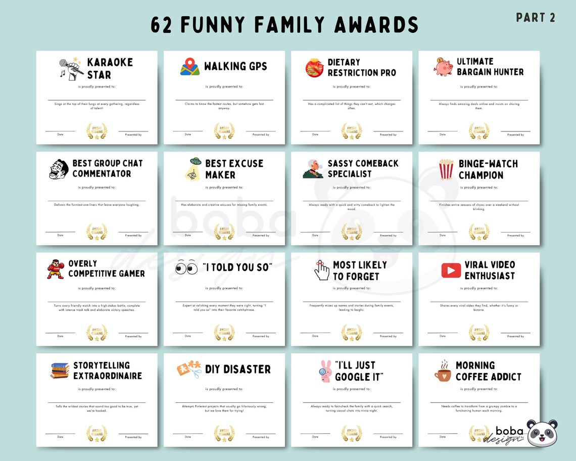 Printable Funny Family Awards Appreciation Fun Gifts for Family Members ...