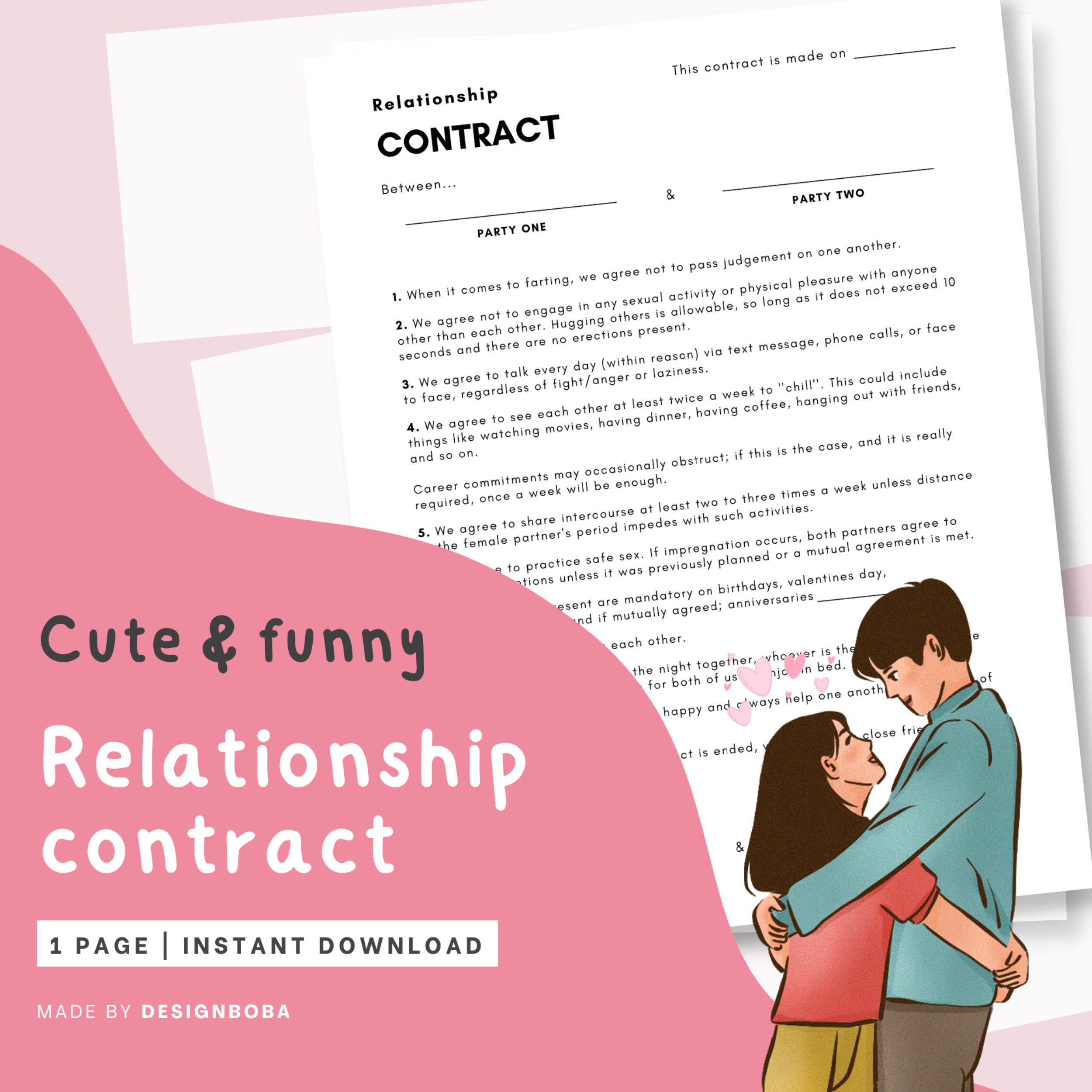 Relationship Contract Funny Printable Planner Funny Relation Contract