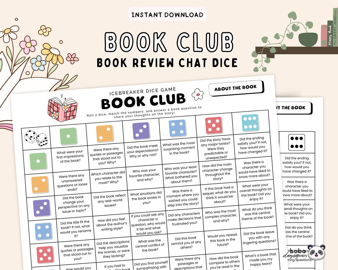 Printable Book Club Game Book Review Game Book Club Dice Game Book Club ...