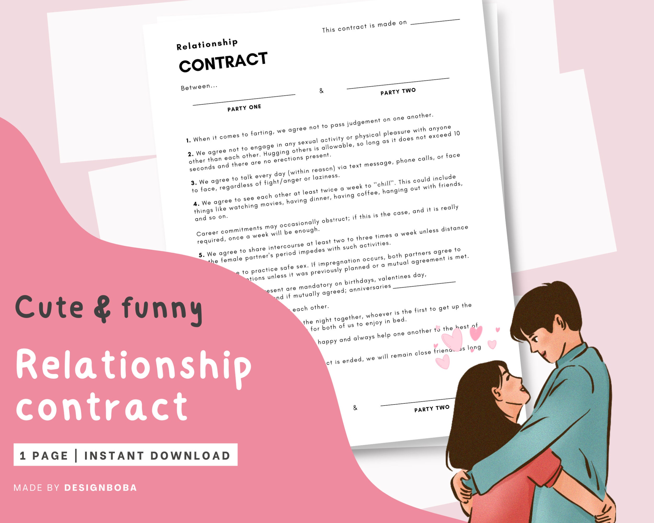 Relationship Contract Funny Printable Planner Funny Relation Contract