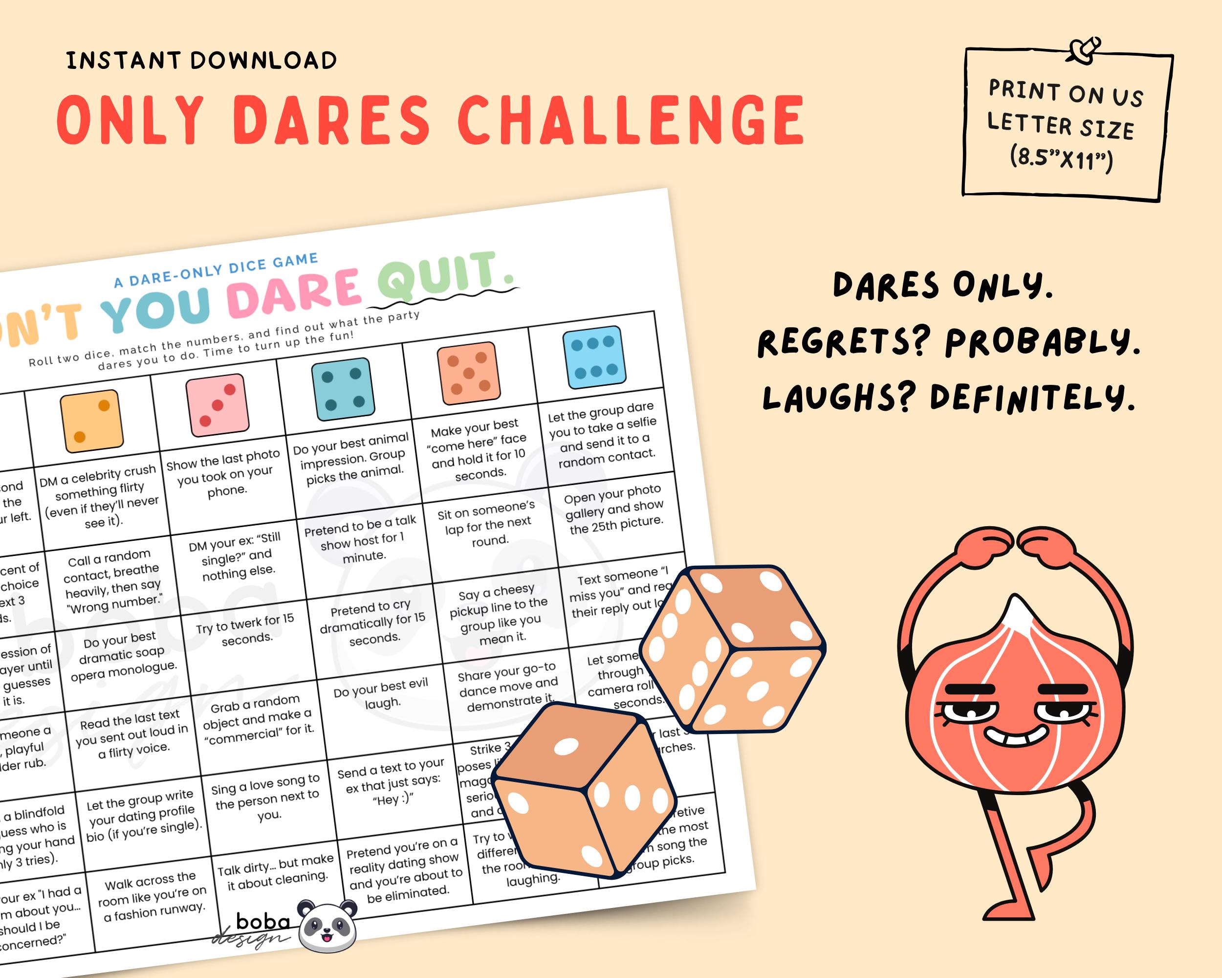 Printable Fun Dares Game for Group Party Dice Game Truth or Dare Dice ...