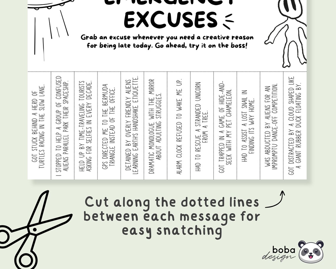 Printable Emergency Excuses Tear off Sign - Funny Office Wall Decor ...