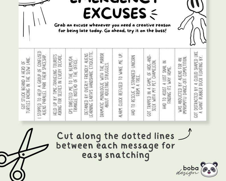 Printable Emergency Excuses Tear off Sign - Funny Office Wall Decor ...