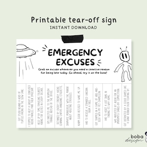 Printable Emergency Excuses Tear off Sign - Funny Office Wall Decor ...