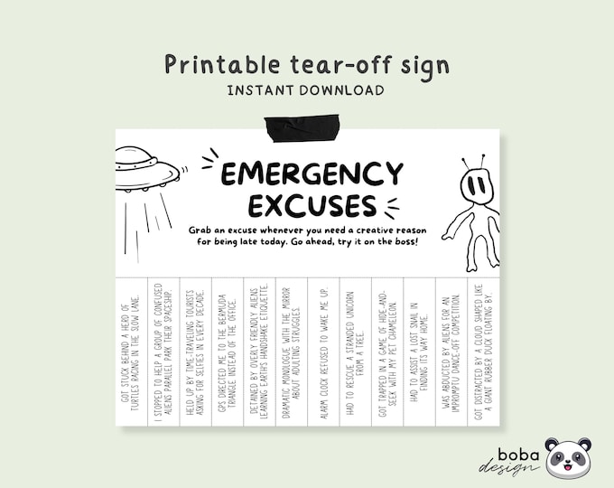 Printable Emergency Excuses Tear off Sign - Funny Office Wall Decor ...