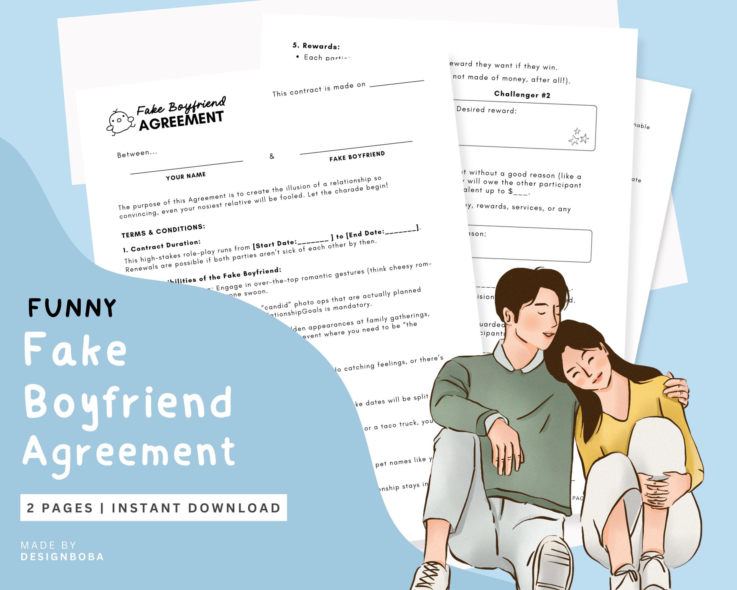 Funny Version of Fake Boyfriend Contract, Funny Printable Planner Funny ...