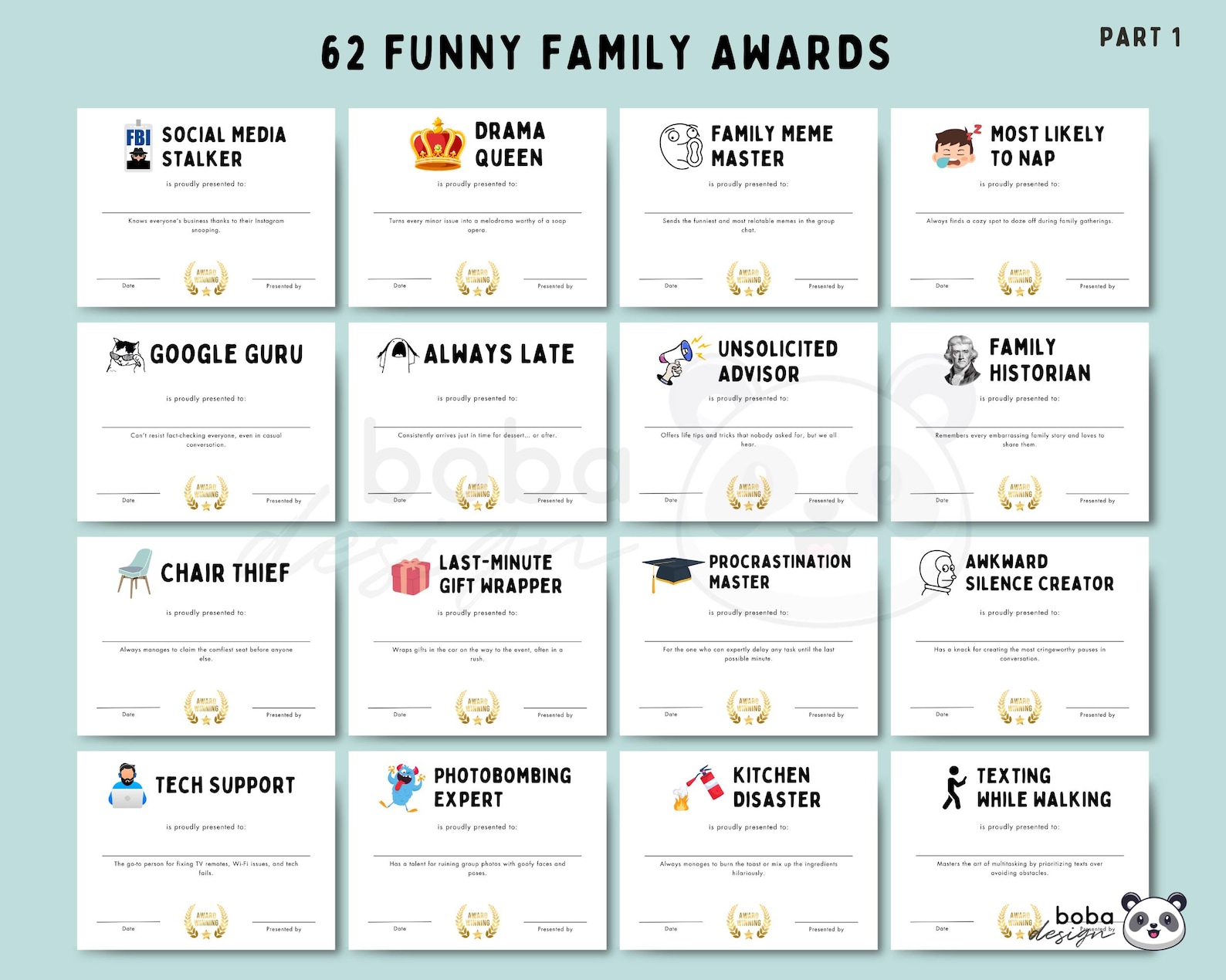 Printable Funny Family Awards Appreciation Fun Gifts for Family Members ...