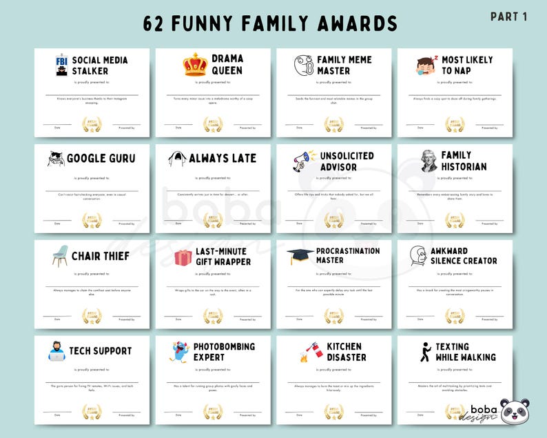 Printable Funny Family Awards Appreciation Fun Gifts for Family Members ...