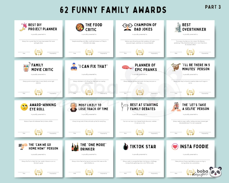 Printable Funny Family Awards Appreciation Fun Gifts for Family Members ...