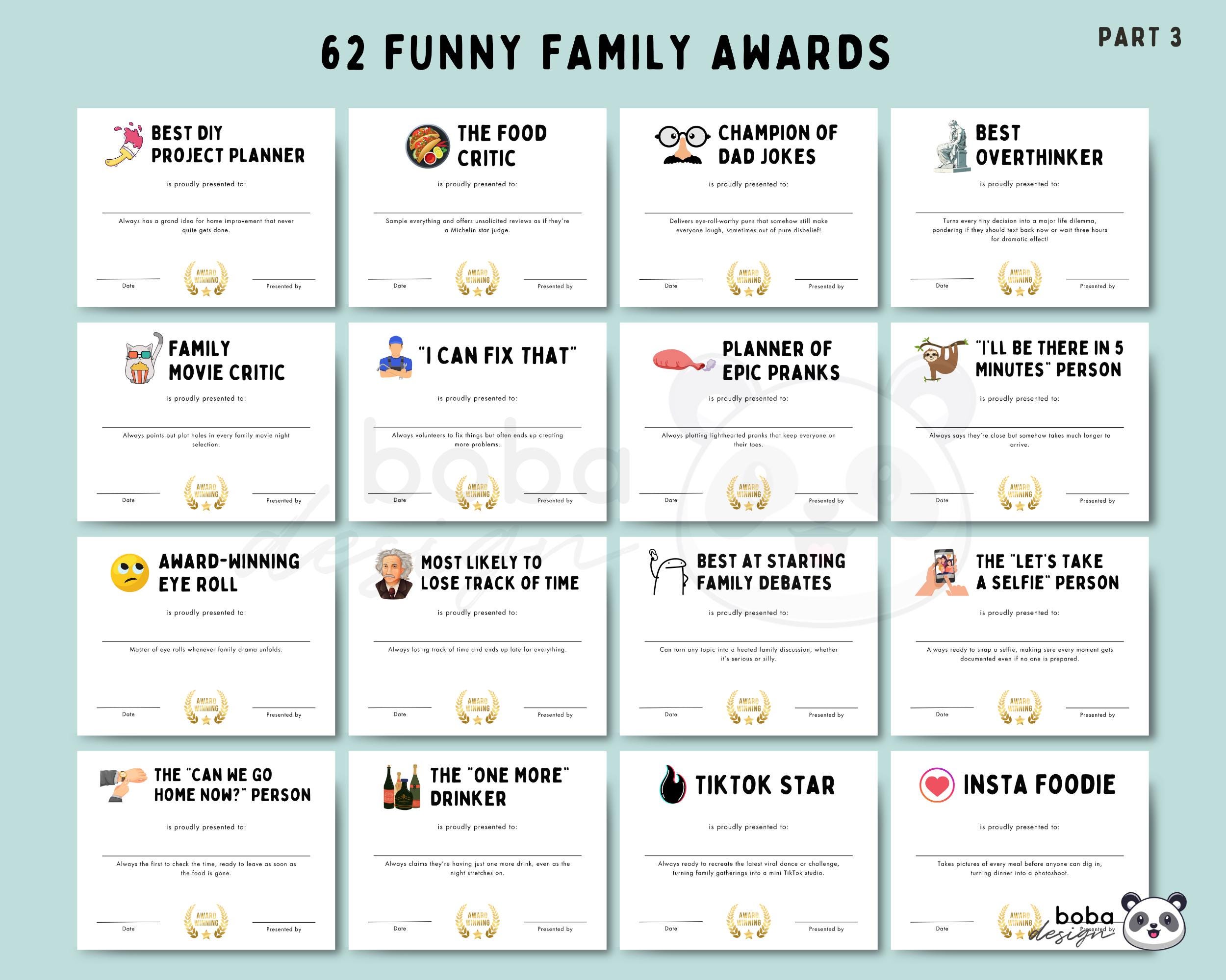 Printable Funny Family Awards Appreciation Fun Gifts for Family Members ...