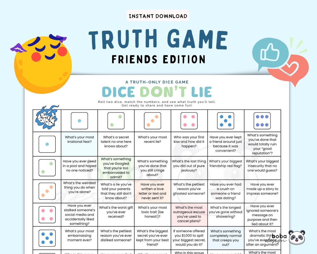 Printable Fun Truths Dice Game Friends Game Night Party Game Table Hen ...