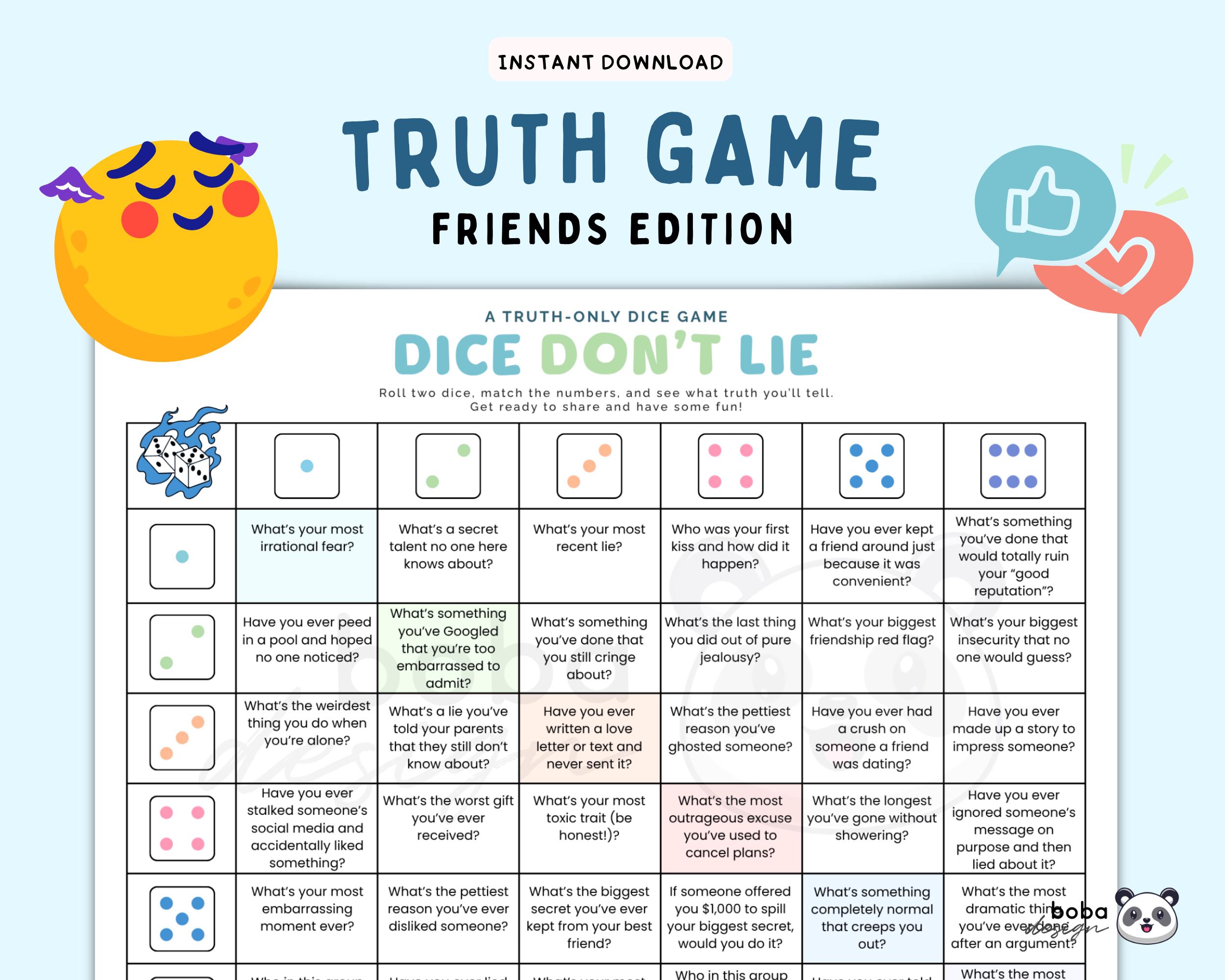 Printable Fun Truths Dice Game Friends Game Night Party Game Table Hen ...