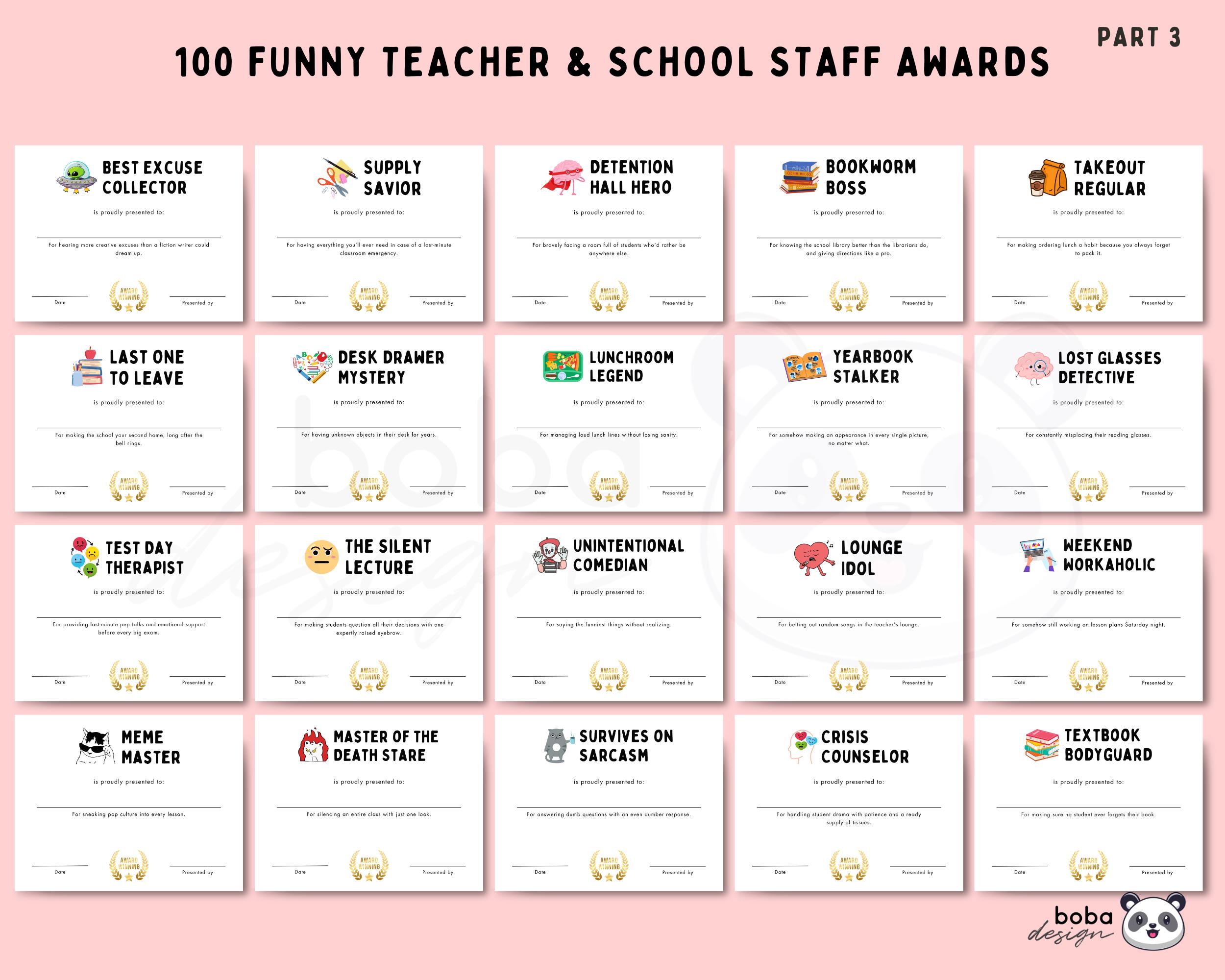 Printable Funny Teacher Awards Teacher and School Staff Appreciation ...