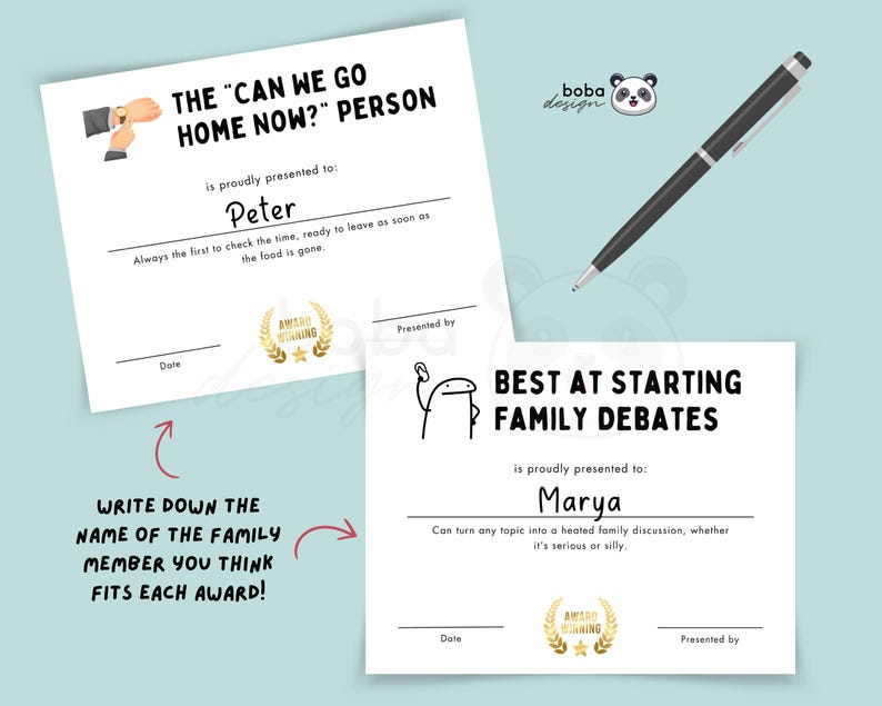 Printable Funny Family Awards Appreciation Fun Gifts for Family Members ...