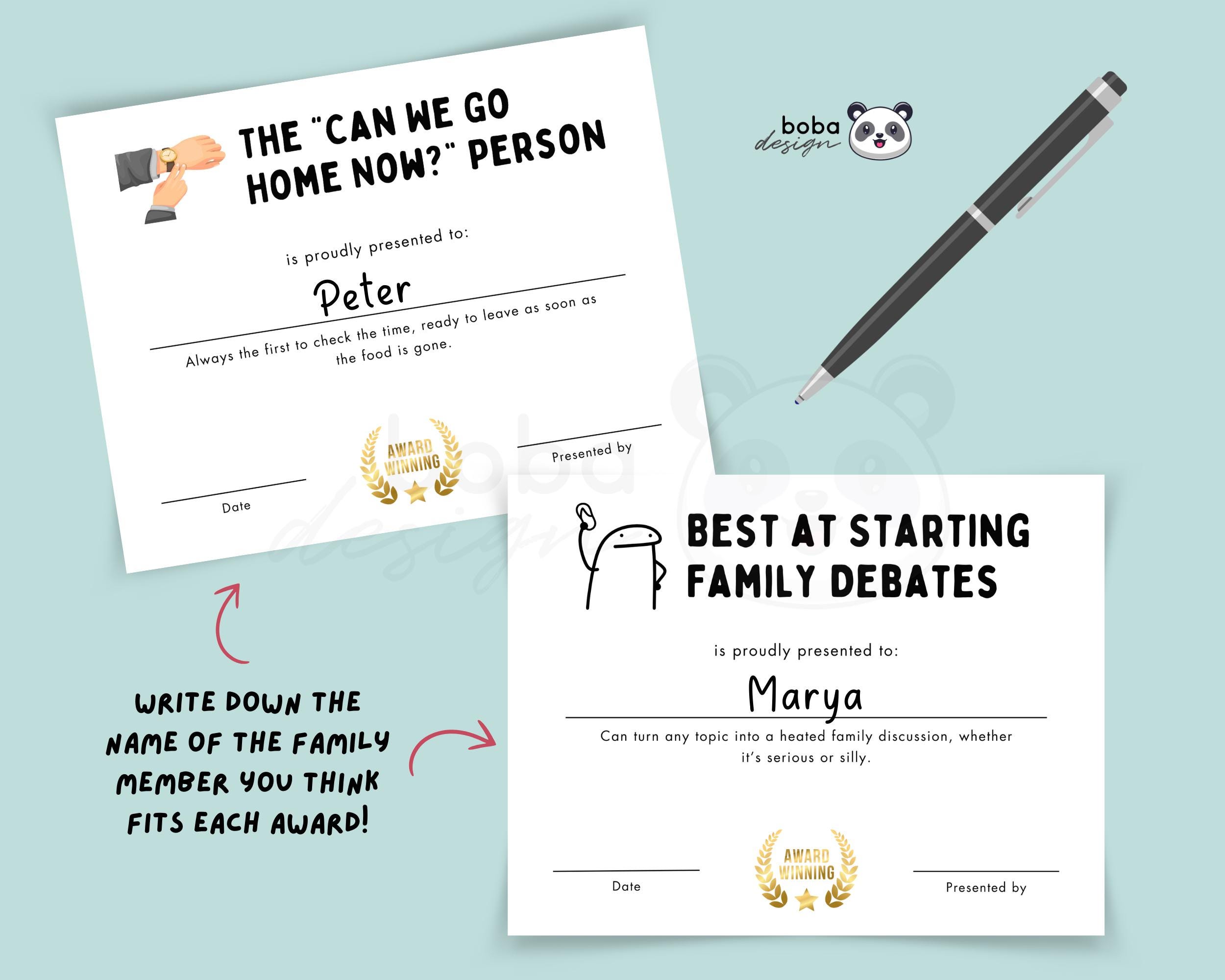 Printable Funny Family Awards Appreciation Fun Gifts for Family Members ...