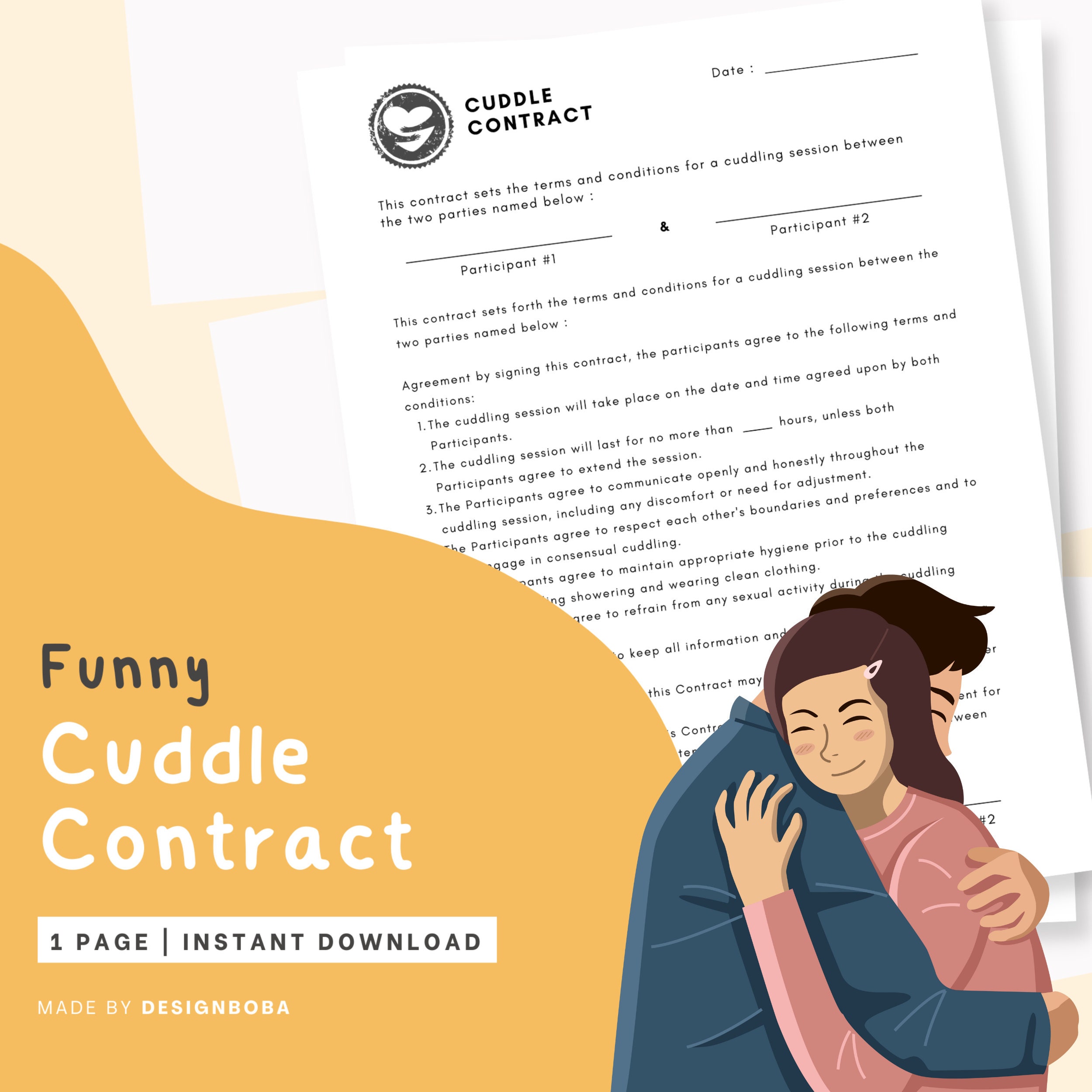 Cuddle Buddy Contract - Funny Printable Contract, Funny Cuddle Contract ...